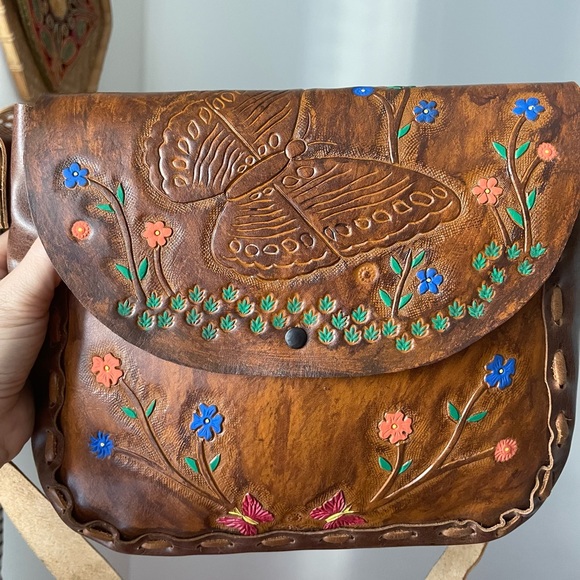 Bags | Boho Hippie Mexican Butterfly Floral Painted Tooled Leather Bag ...